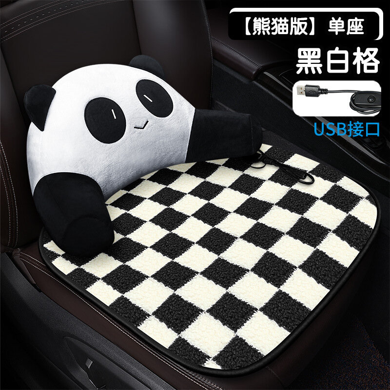 Зимняя автомобильная подушка с пандой и черно-белым клетчатым узором и USB-нагревом для одного сиденья