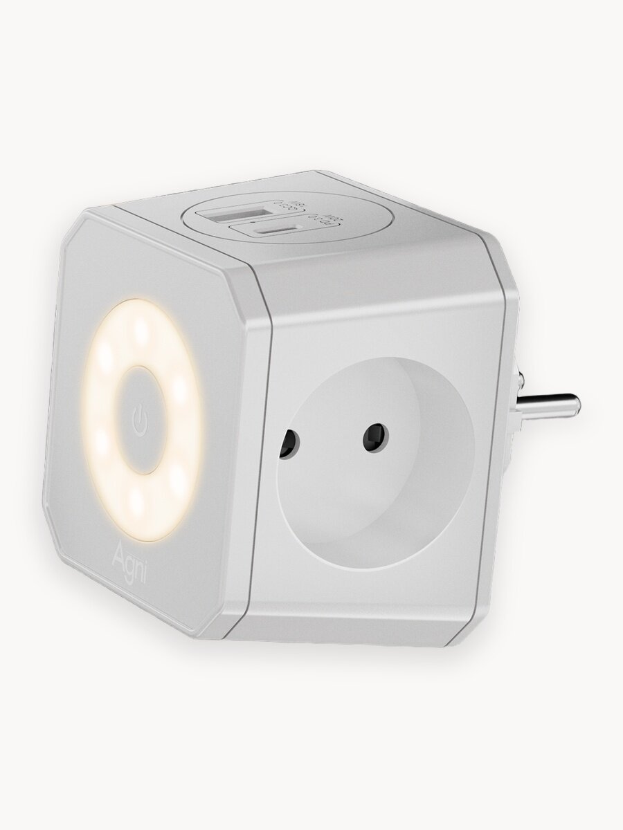 Тройник для розетки, AGNI, быстрая зарядка, разветвитель на 3 гнезда + USB-A и TYPE-C, ночник