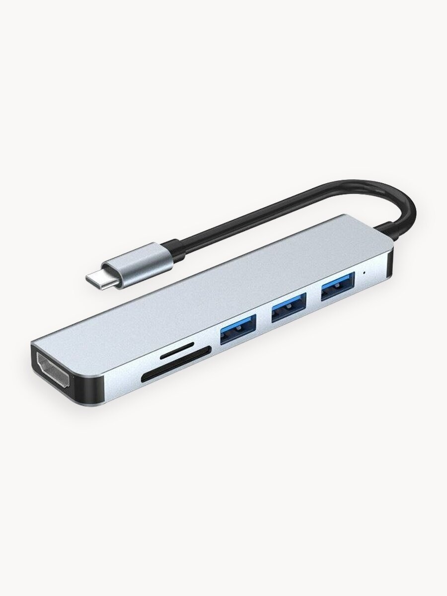 Адаптер переходник 6 в 1 3xUSB 3.0, HDMI Power Delivery + SD и TF карты памяти / Разветвитель USB-C HUB 3.0 / Подходит для MacBook
