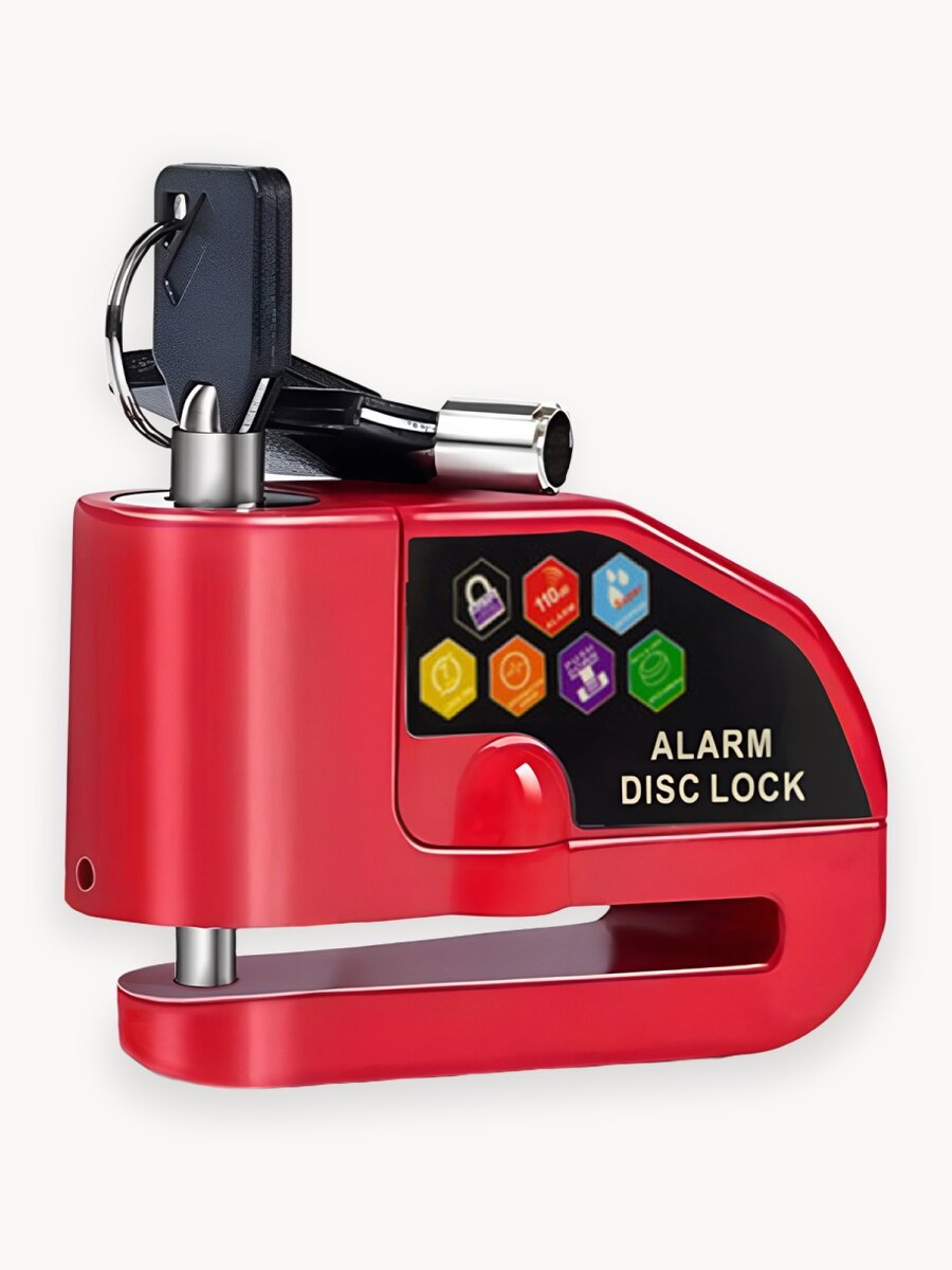 Противоугонный замок на дисковые тормоза мотоцикла, скутера, велосипеда с сигнализацией красный