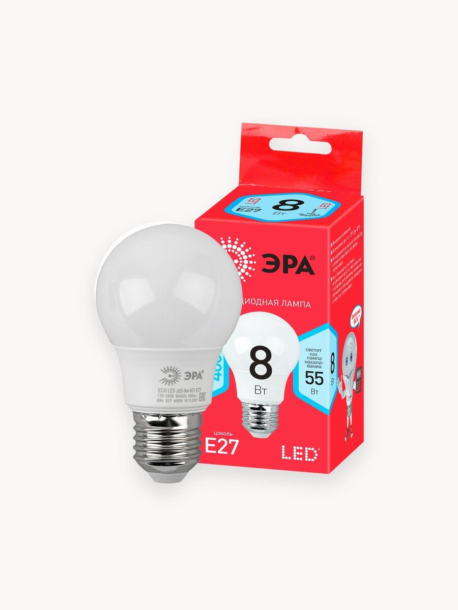 Лампочка светодиодная ЭРА LED Е27 A55 8Вт груша 4000К нейтральный белый свет, 1 шт