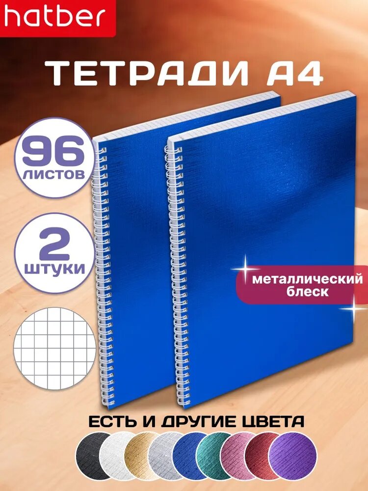 Тетрадь А4 96 листов в клетку 2 штуки на гребне обложка бумвинил Синяя Hatber