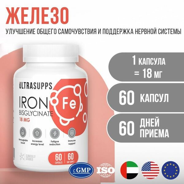 Железо 18 мг, 60 капсул UltraSupps / БАД витамины для женщин для роста волос