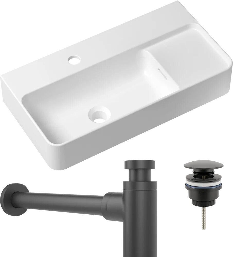 Комплект 3 в 1 Накладная раковина Lavinia Boho Bathroom Sink Slim 33311011 60 глянцевая белая, со столешницей / Донный клапан Wellsee Drainage System 182140000 матовый черный / Сифон 182120000 бутылоч