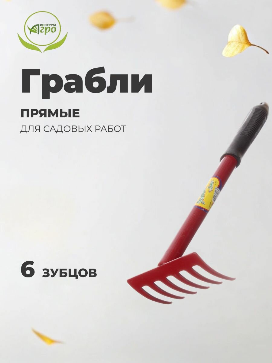 Грабли садовые прямые металлические 6 зубцов, с черенком, Инструм-Агро