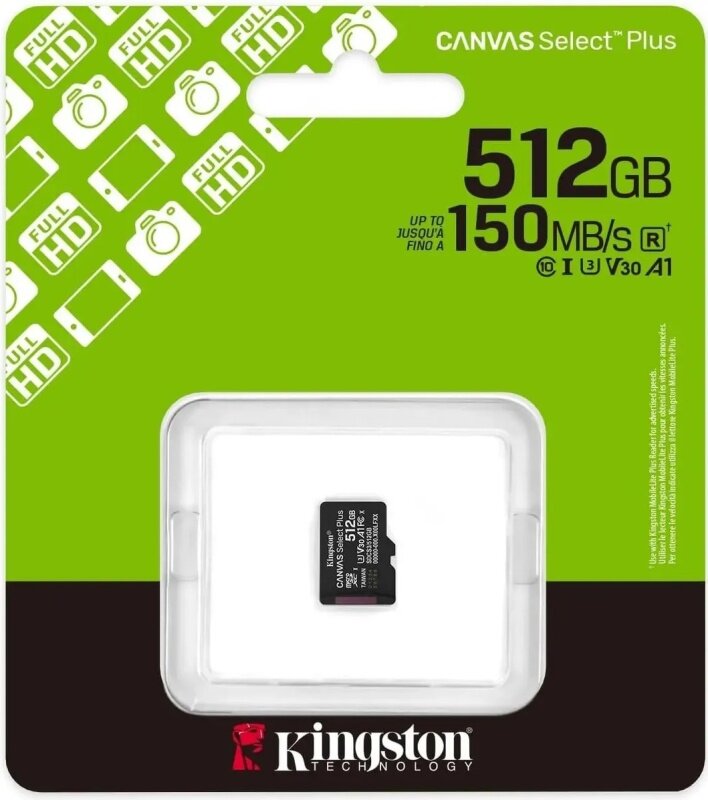Карта памяти MicroSDXC 512Gb Kingston SDCS3/512GbSP Canvas Select Plus V30 A1 w/o adapter