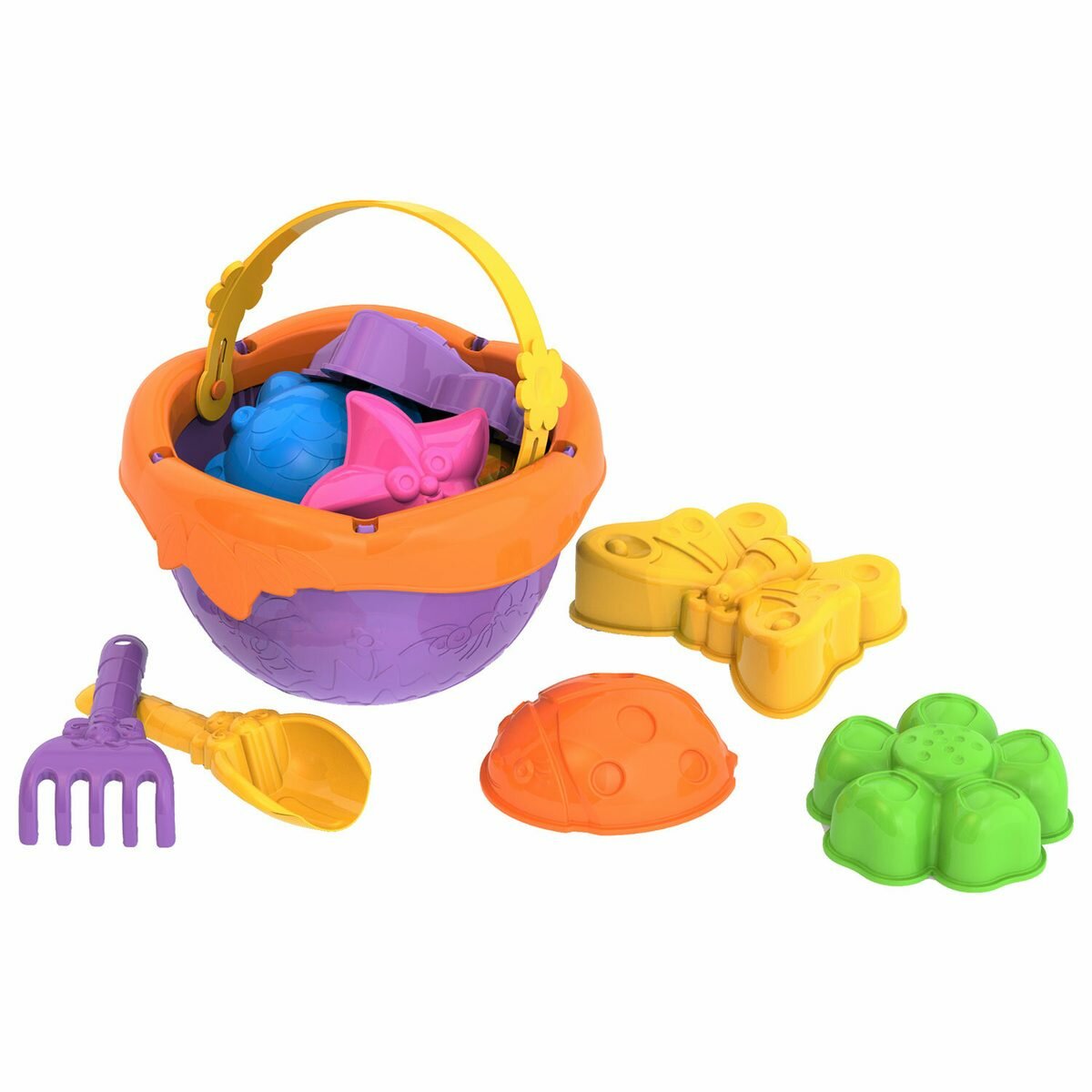Набор для игр в песке: ведерко, совочек, грабельки, 7 формочек "Ассорти", Нордпласт (431697), 24 уп.