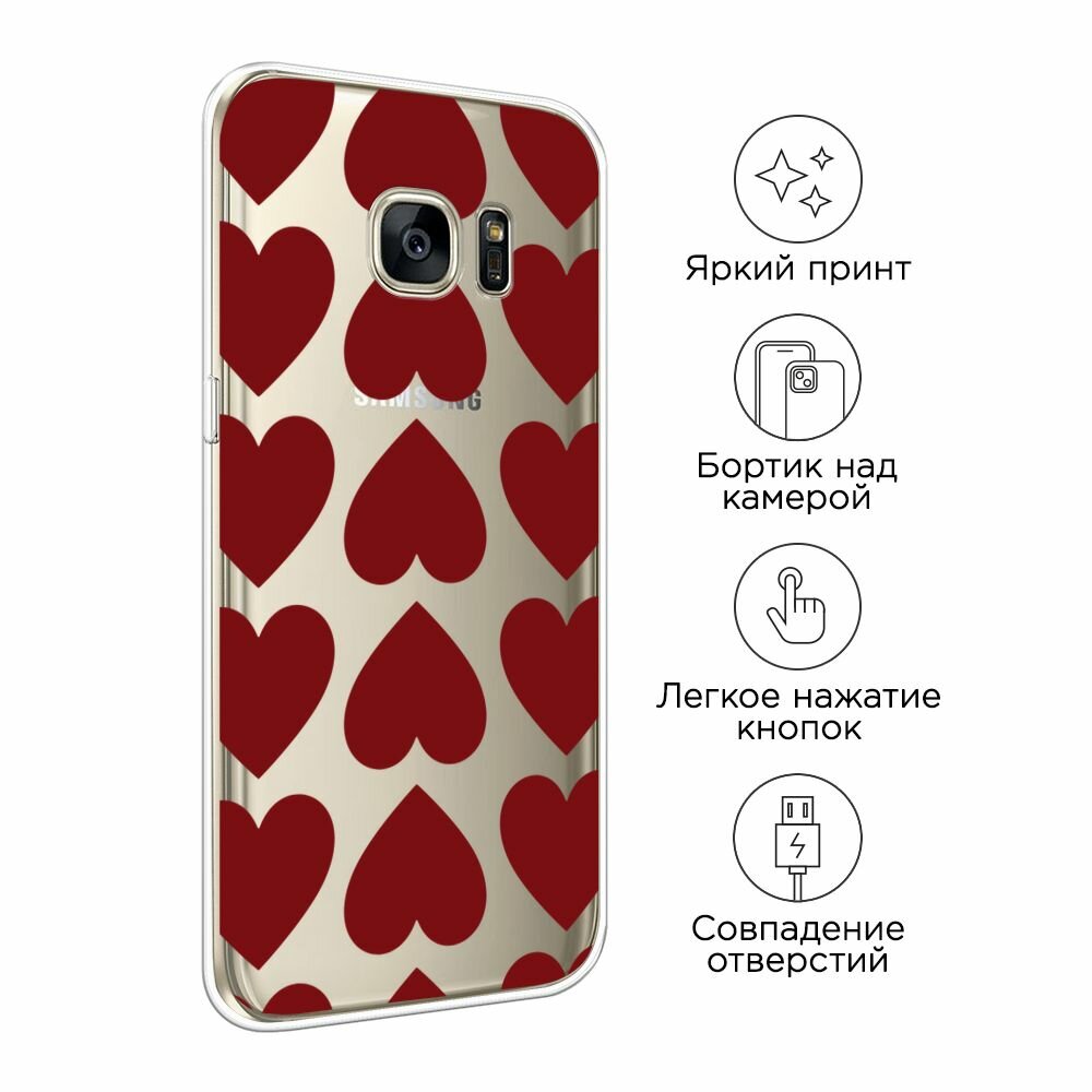 Чехол на Samsung Galaxy S7 / Самсунг Галакси С 7 с принтом "Ряды сердечек паттерн - 14 февраля", прозрачный — фото 1