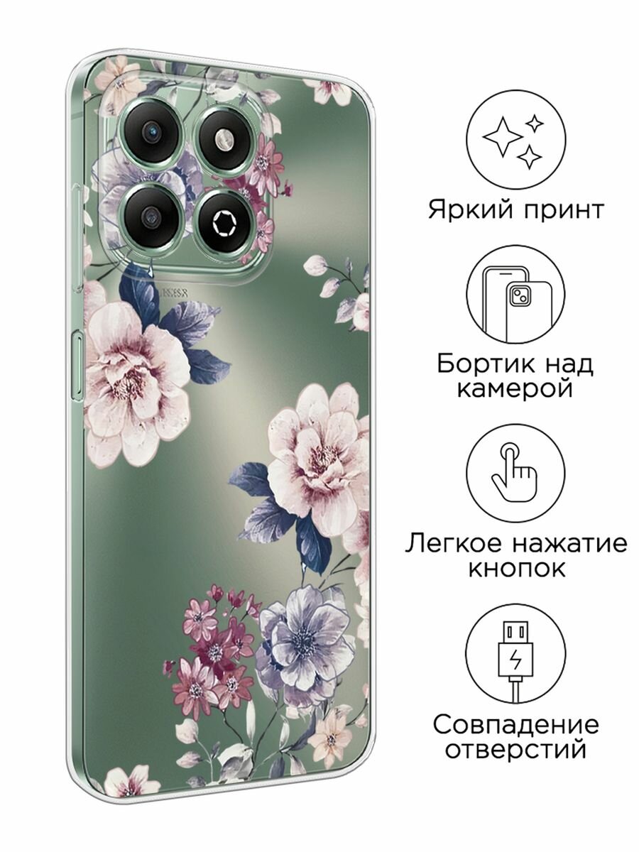 Чехол на Honor X6b / Хонор X6b с принтом "Нежные винтажные цветы", прозрачный — фото 1