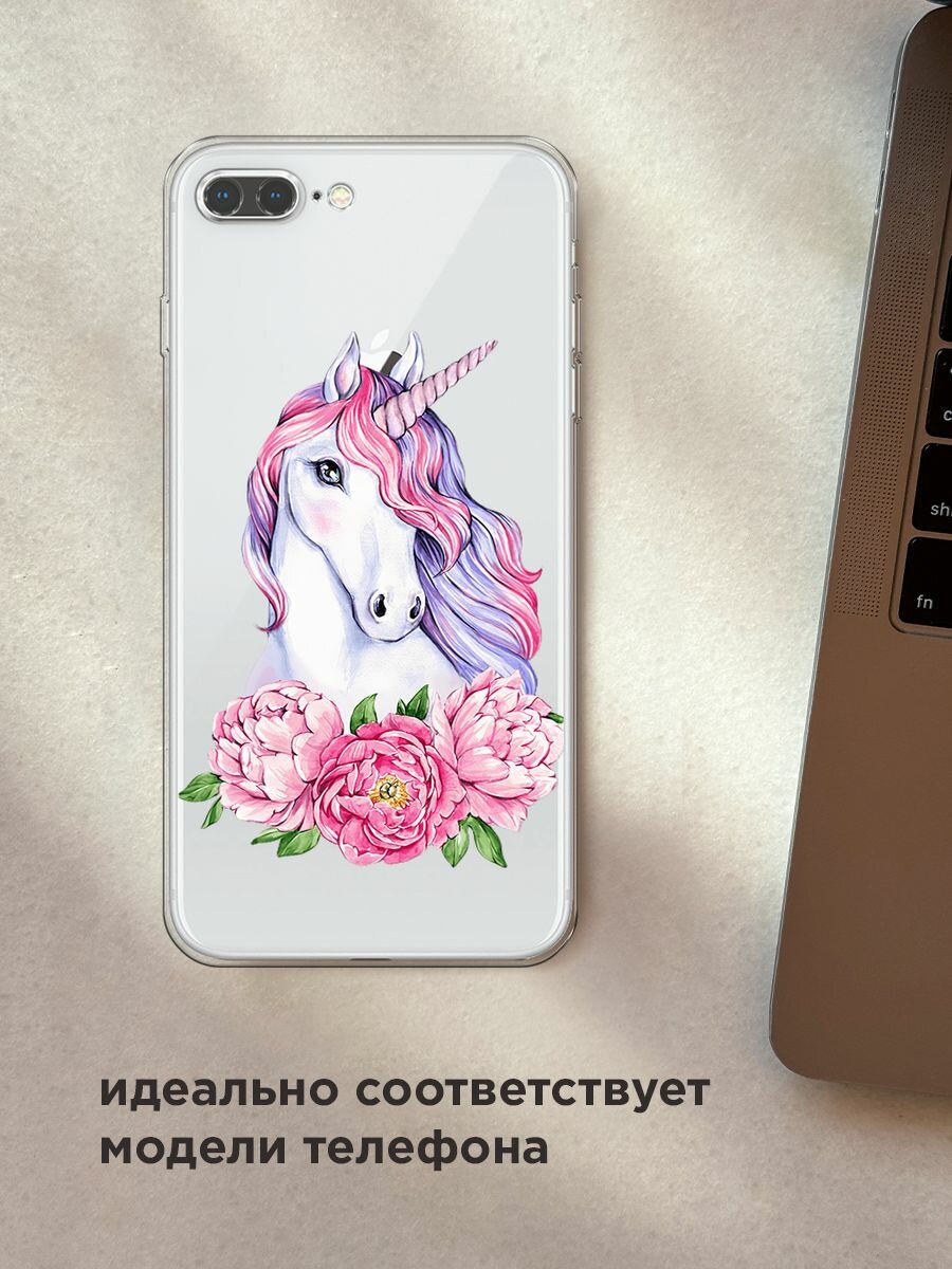 Чехол на Apple iPhone 7 Plus / Айфон 7 Плюс с принтом "Единорог с пионами", прозрачный — фото 1