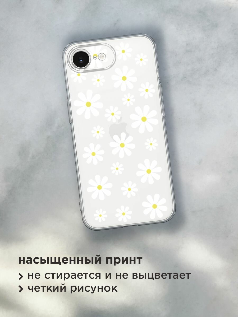 Чехол на Apple iPhone 16e/17e / Айфон 16е/17e с принтом "Большие ромашки", прозрачный — фото 1