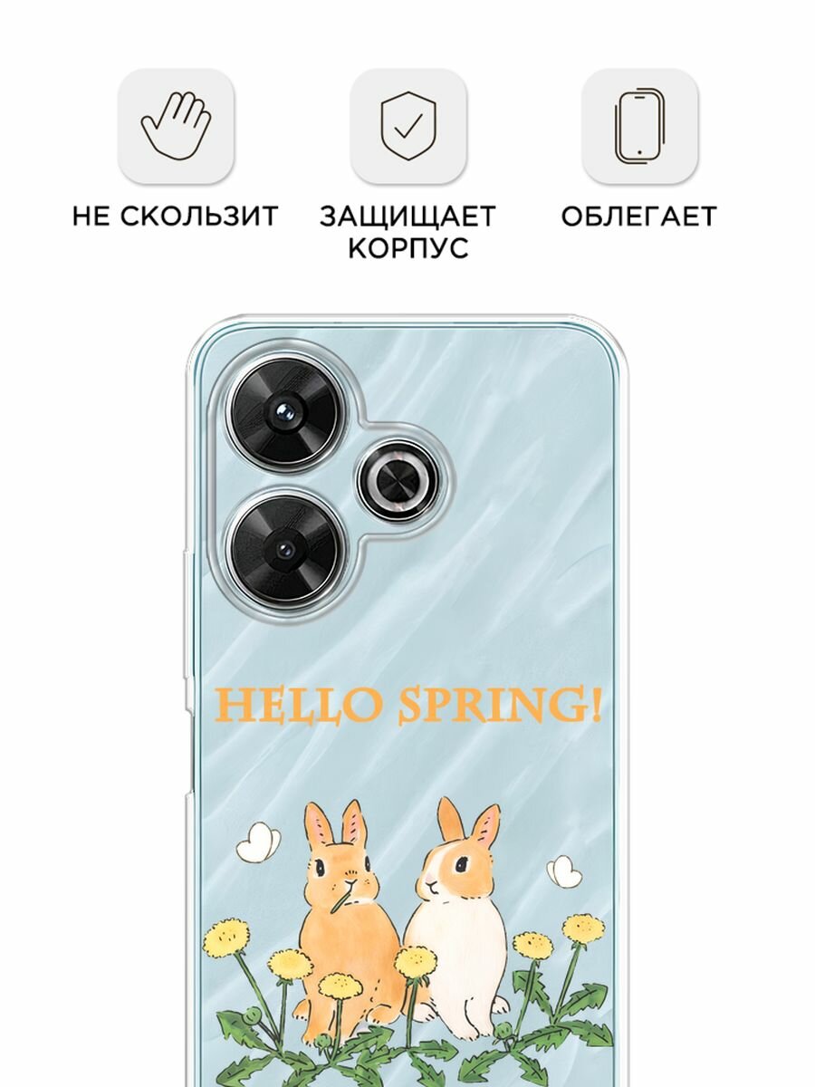 Чехол на Xiaomi Redmi Note 13R/Redmi 13/Poco M6 4G/M6 Plus с принтом "Весенние кролики", прозрачный — фото 1