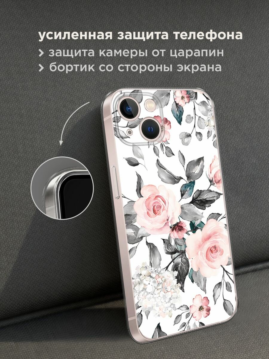 Чехол на Apple iPhone 13 / Айфон 13 с принтом "Розы на белом" — фото 1