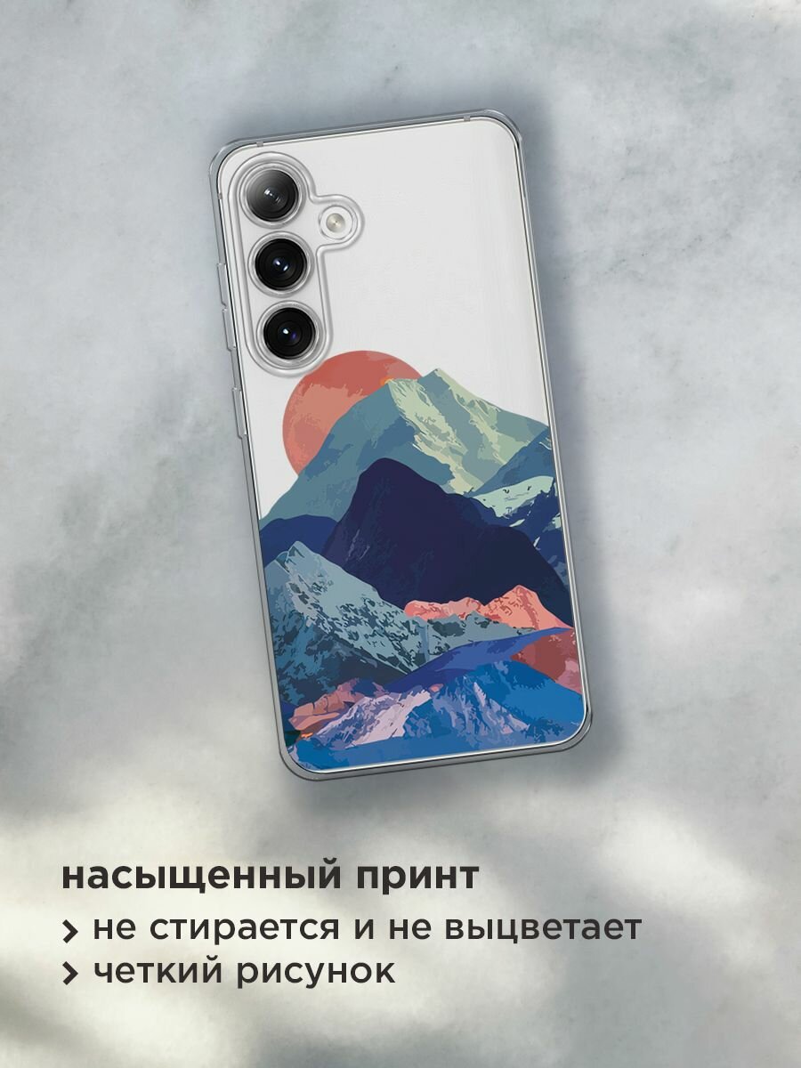 Чехол на Samsung Galaxy S24 / Самсунг S24 с принтом "Закат в снежных горах", прозрачный — фото 1