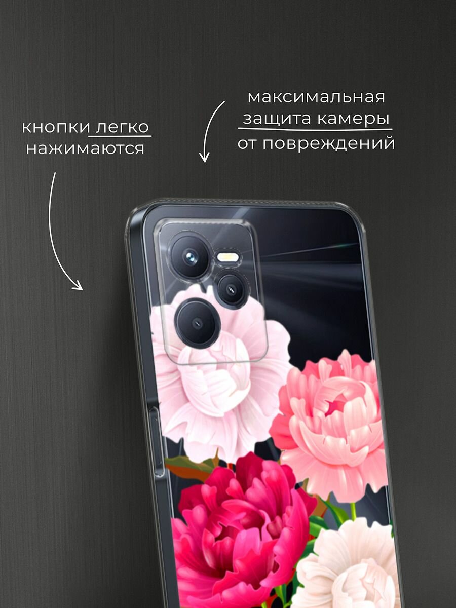 Чехол на Realme C35 / Реалми C35 с принтом "Большие пионы", прозрачный — фото 1