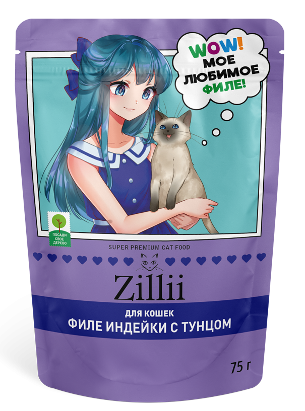 Влажный корм Zillii для взрослых кошек с индейкой и тунцом в желе, в паучах - 75 г х 12 шт
