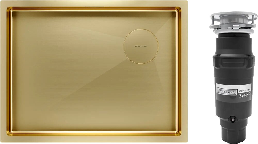 Комплект Мойка Paulmark Next-Skew PM885844-BG 58x44, брашированное золото, нержавеющая сталь / Измельчитель Bone Crusher BC 910-SL-Slim Line электрический, нержавеющая сталь