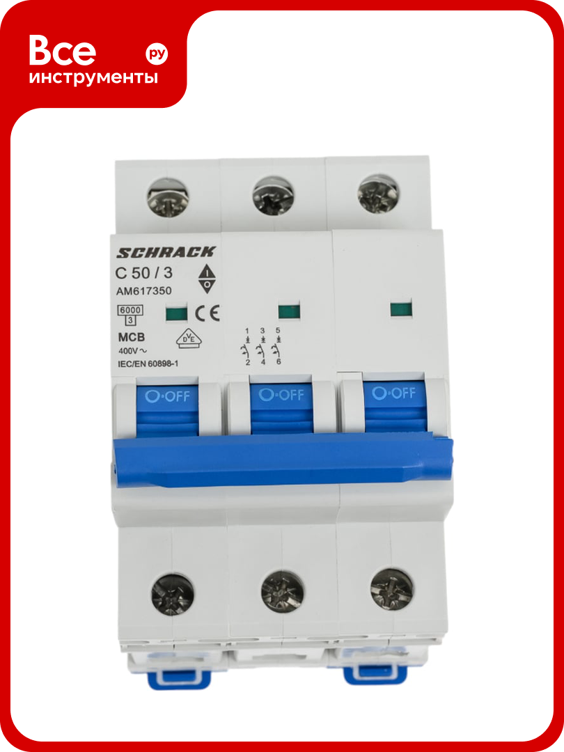 Автоматический выключатель Schrack Technik AM 6кА 3P С 50A, модульный тип, белый корпус, установка на DIN-рейку