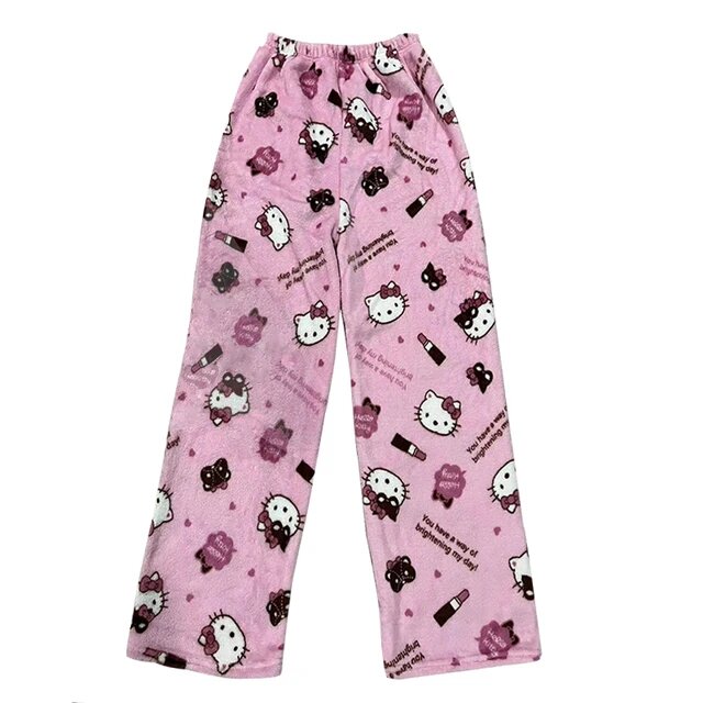 Пижамные штаны Sanrio Hello Kitty, чёрно-розовые, фланель, аниме, женские, тёплые, шерстяные, белые, с рисунком, повседневные, модные, осень/зима, Размер: 60-70 кг