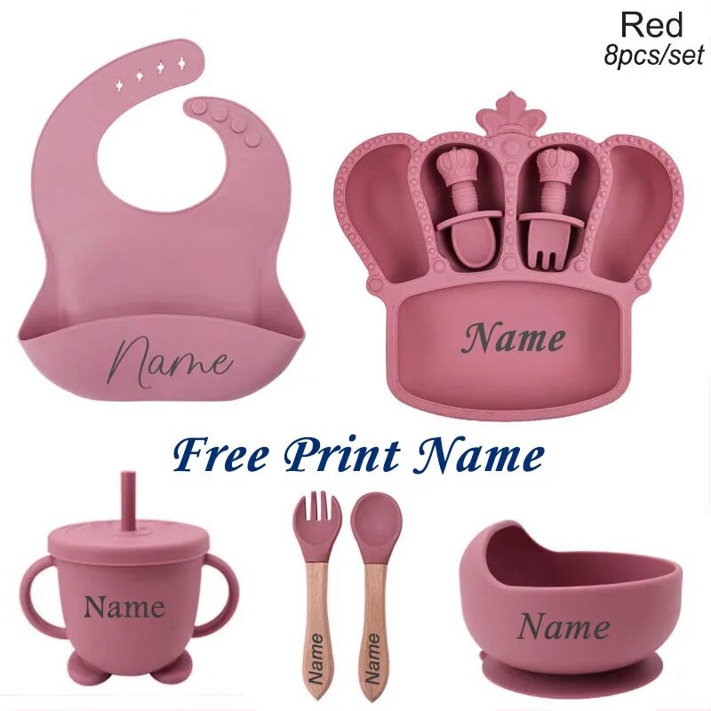 Тарелка с короной для детей, 8 шт, набор для кормления детей, детская силиконовая посуда, бесплатная персонализированная чаша с именем и логотипом на присоске, не содержит BPA Розовый, Red 9 Pcs