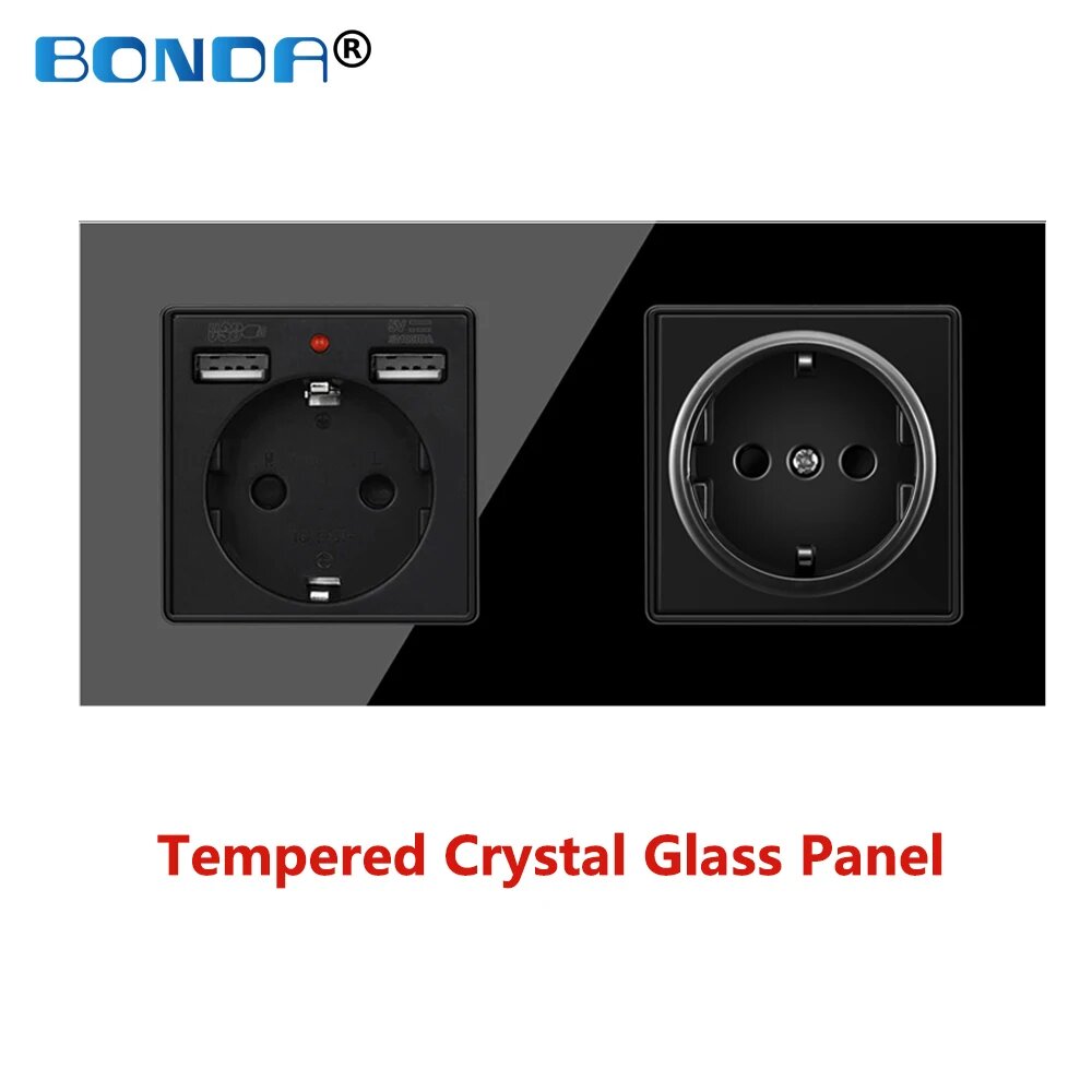 Розетка настенная USB BONDA хрустальное стекло 16А 502-Black-USB01-01