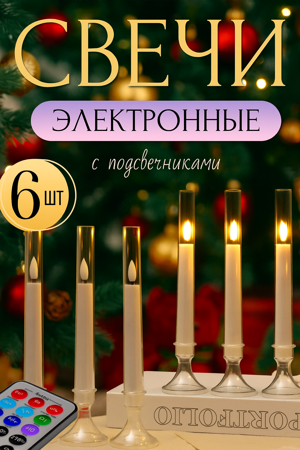 Светодиодные свечи с с подсвечниками на батарейках 6шт, набор интерьерных электронных свечей, пульт ДУ