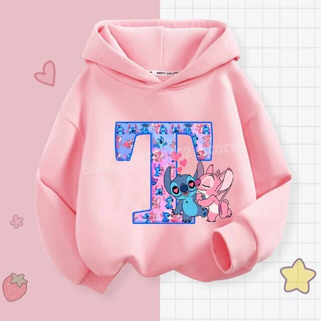 Толстовка с капюшоном Stitch Angel Letter AZ для девочек, свитшот в стиле аниме Disney, детский зимний утепленный пуловер, детская одежда, подарок, Размер:110