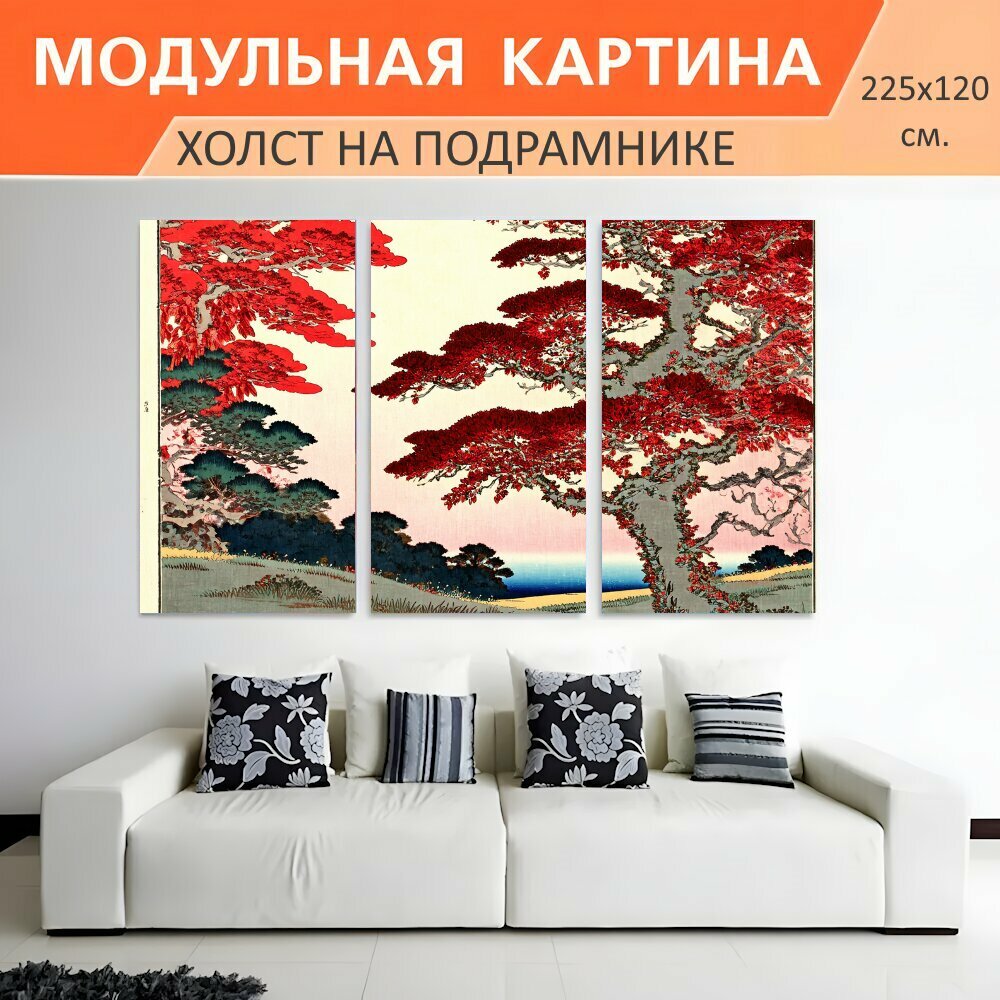 Модульная картина на холсте "Абстракция в стиле искусство укиё-э, погружающие зрителя в мир мистических лесов с уникальными деревьями." триптих на подрамнике 225х120 см. для интерьера
