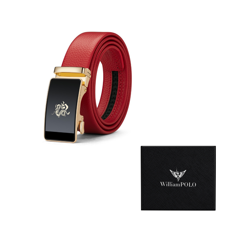WilliamPOLO Top Grain Cow Leather Leather Belts Men's Gold Tone Lock Red Strap 3.5cm Width 115