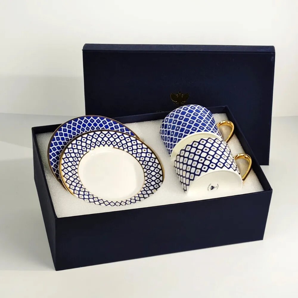 Набор чашек с блюдцами 4 шт. Костяной фарфор, синий узор с золотой окантовкой для кофе