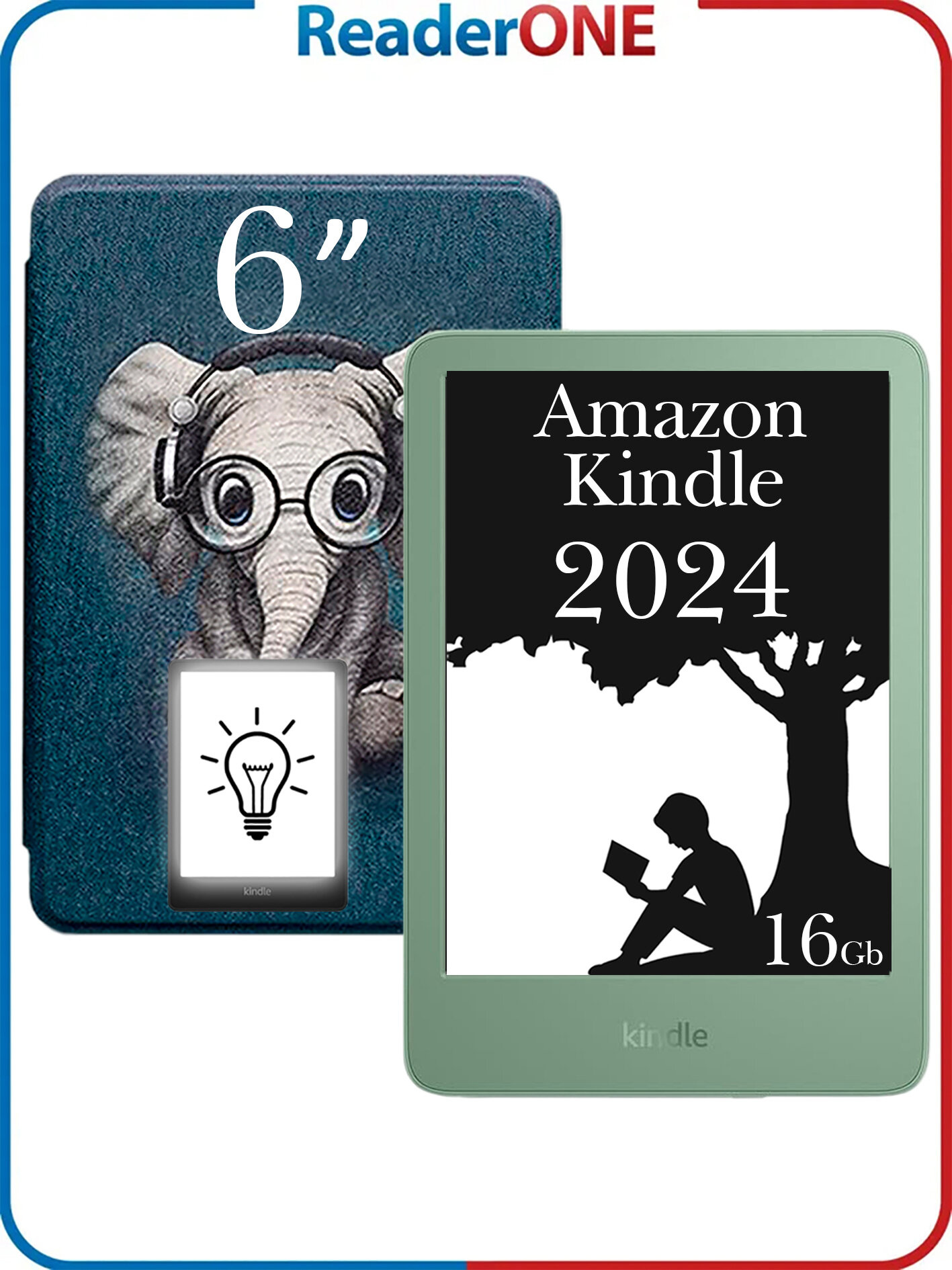 Электронная книга Amazon Kindle 11, 6 дюймов, 2024, 16 Гб, SO, зеленая (Matcha) с обложкой ReaderONE Elephant