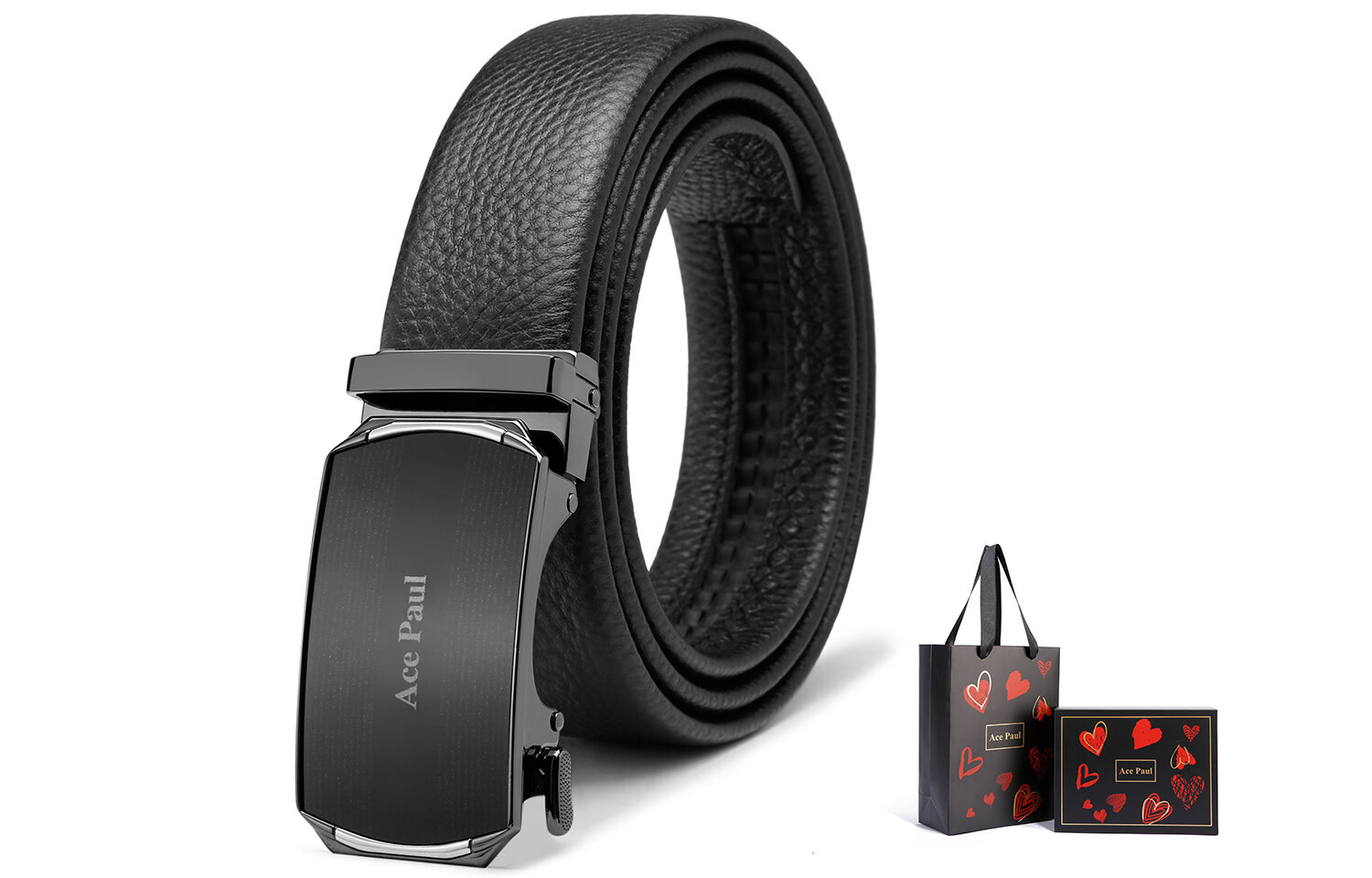 Ace Paul Trimming Polygon Matte Cool Black Automatic Buckle Leather Belts Men's Gunmetal Buckle Width: 3.5cm 125cm
