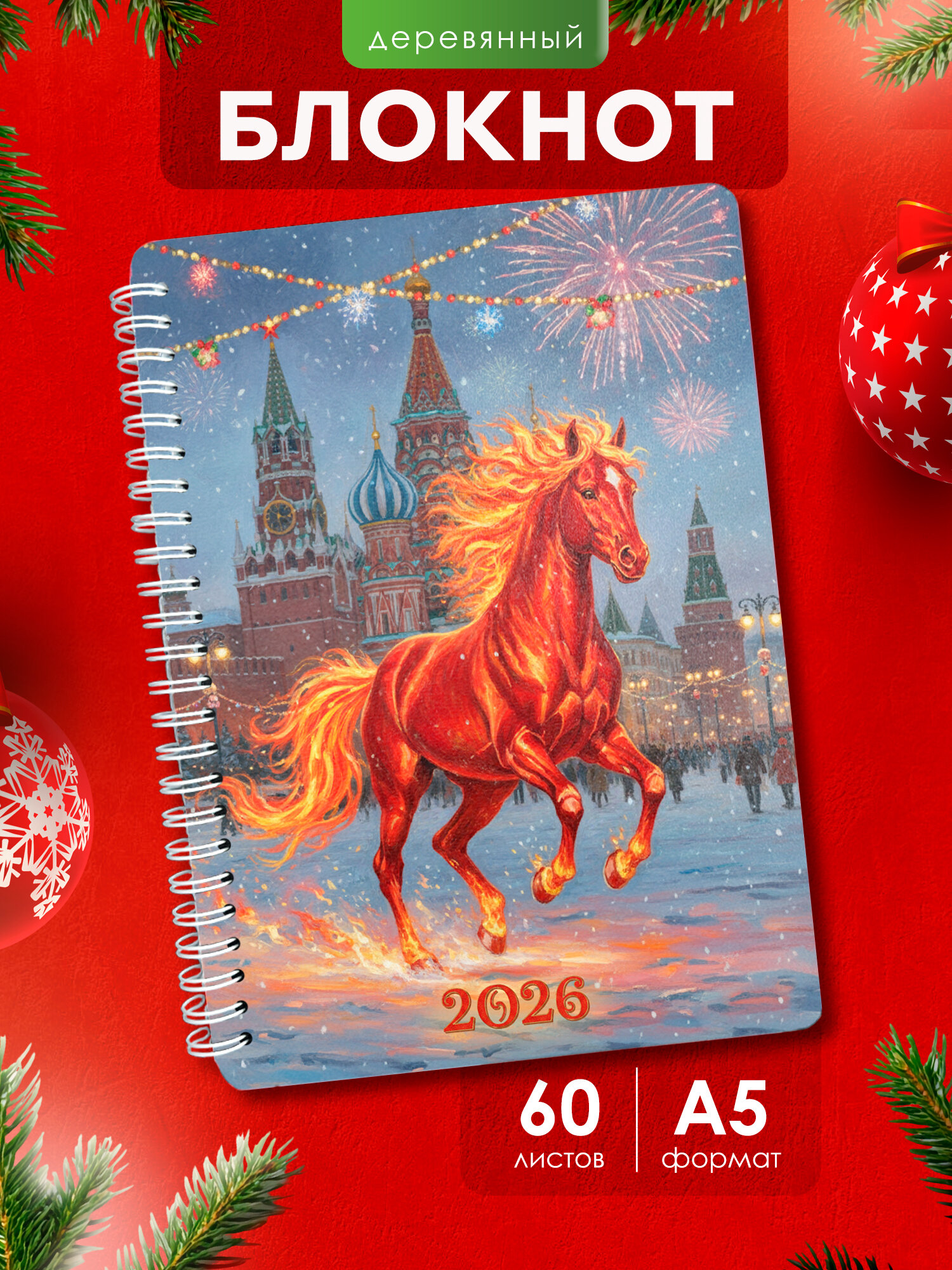 Блокнот деревянный Wood-Book, а5, с принтом в подарок на Новый год