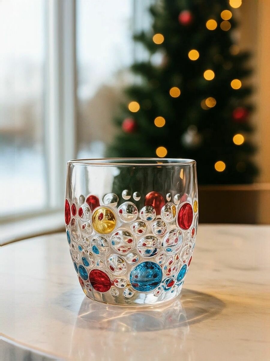 Набор стаканов цветных, круги 2 шт, 280 мл, с рисунком. Коробка подходит для подарка. Упрочненное цветное стекло.