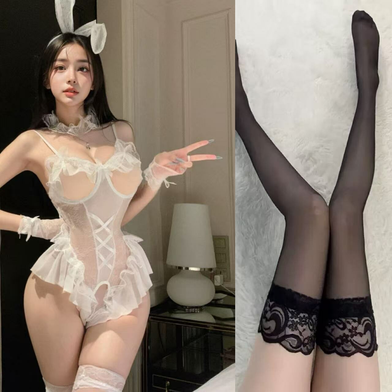 Сексуальный, игривый и милый комплект униформы для косплея в виде девушки-зайчика, прозрачные подтяжки на косточках, откровенное боди