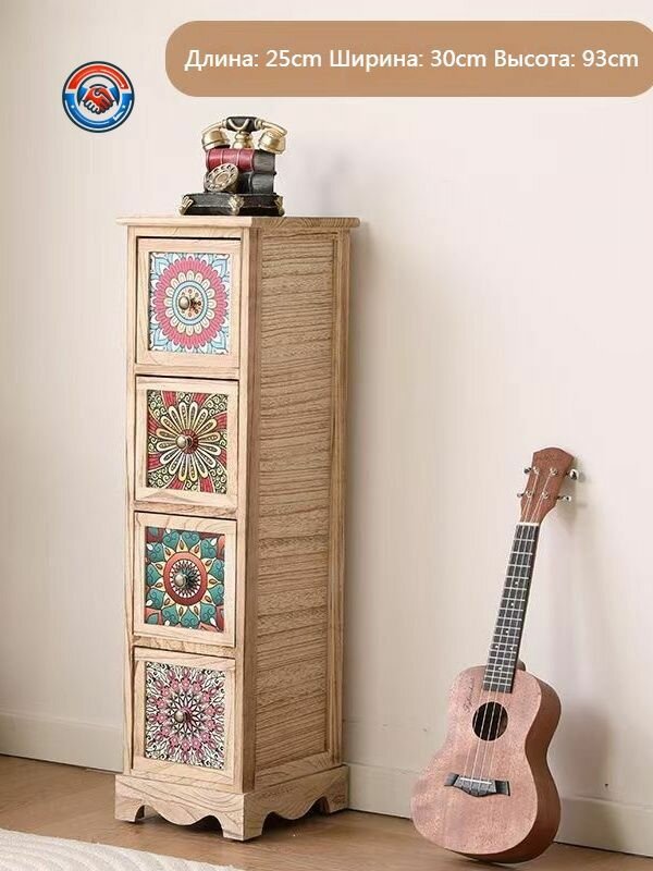 Комод деревянный в стиле бохо 25х30х93 см, разноцветные ящики, винтажный шкаф для хранения одежды и мелочей, компактный органайзер для прихожей, спальни или гостиной