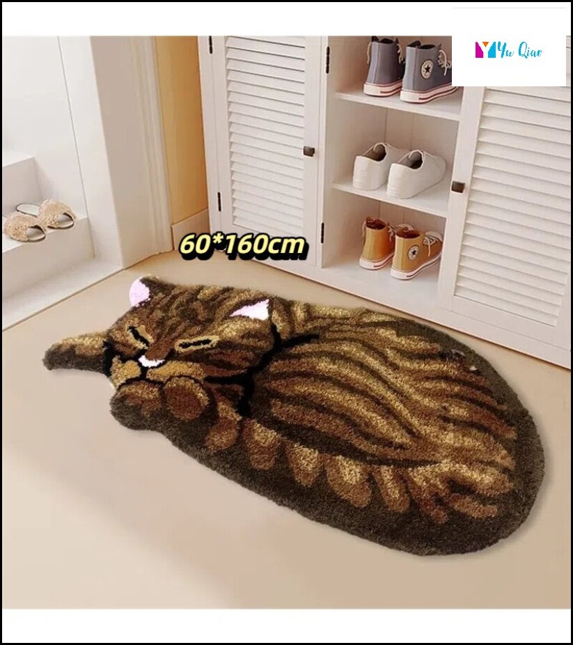 Эксклюзивный ковер 60x160 см с принтом мультяшного кота из кашемира, демонстрирующий устойчивость к скольжению, загрязнениям и износу при легком уходе