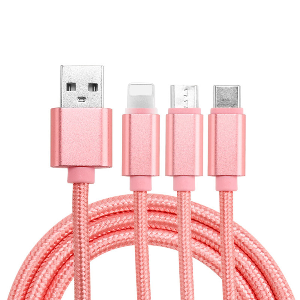 Кабель USB с плетением из нейлона 3 в 1 с разъемами Lightning/Type-C/Micro USB для зарядки iOS/Android телефонов и нескольких устройств, черный/красный/розовый/серый/золотой цвет, материал металл+нейлон, 1 шт.