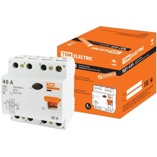 Устройство защитного отключения (УЗО) Tdm Electric ВД1-63S 4Р 40А 300мА (SQ0203-0069)