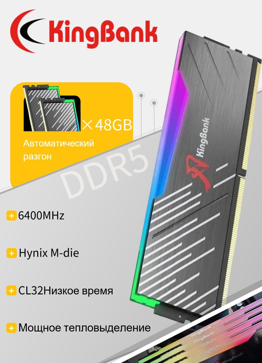 KingBank Оперативная память DDR5 Dark Soarblade 6400MHz 48Гб UDIMM Heatsink RGB ОЗУ(Hynix M-die c32)*2