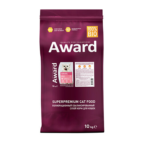 Сухой корм Авард для взрослых Стерилизованных кошек Индейка курица клюква цикорий 10 кг