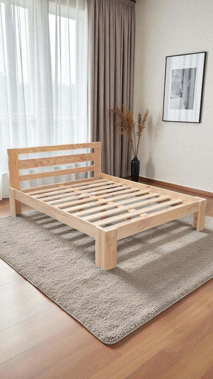 Кровать ЭКО 140 на 200 см двуспальная из массива дерева лиственницы King bed ru прочная.