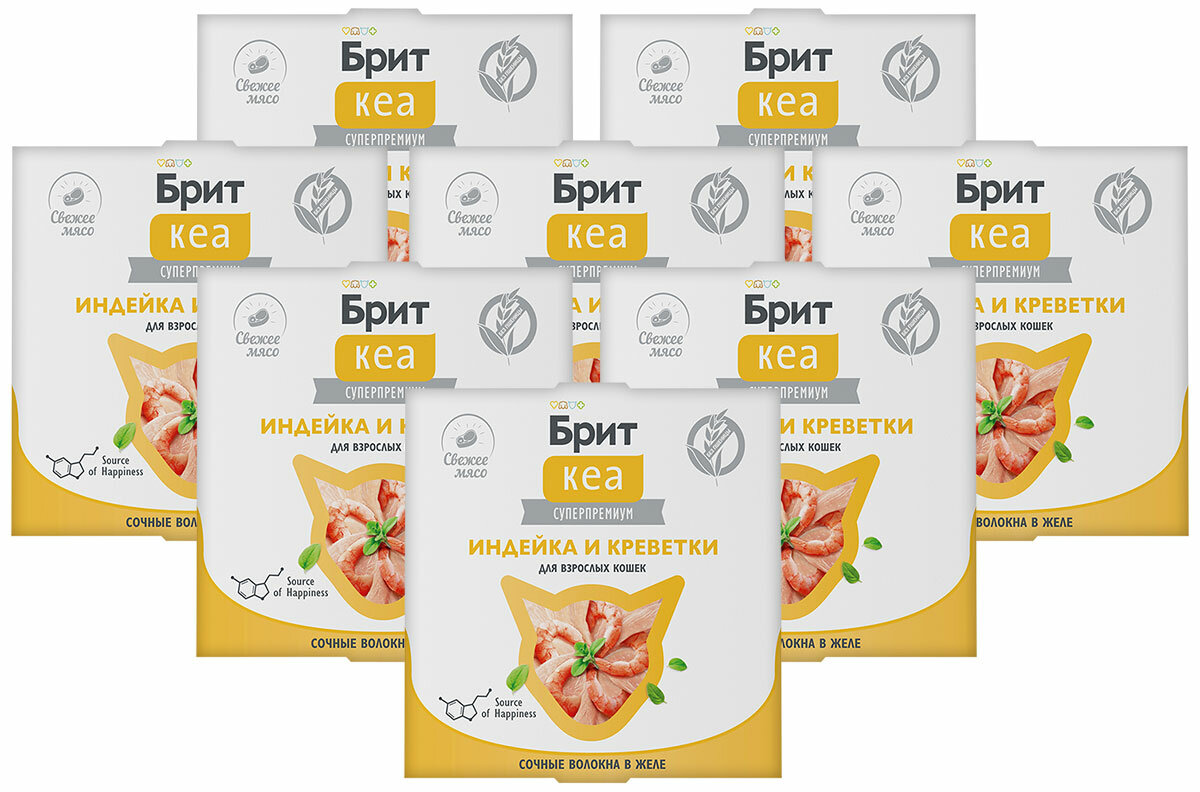 Корм влажный Brit Care для взрослых кошек с индейкой и креветками кусочки в желе, 75 г х 8 шт