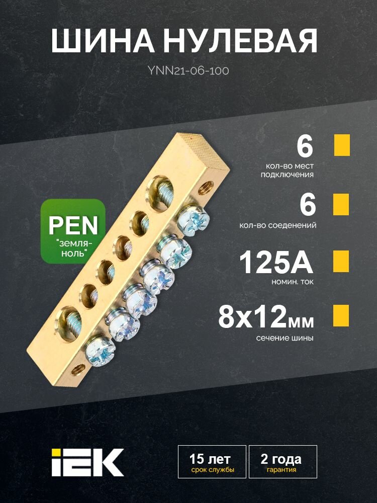Шина нулевая PEN "земля-ноль" 8х12мм 6/2 (6групп/крепеж по краям) IEK