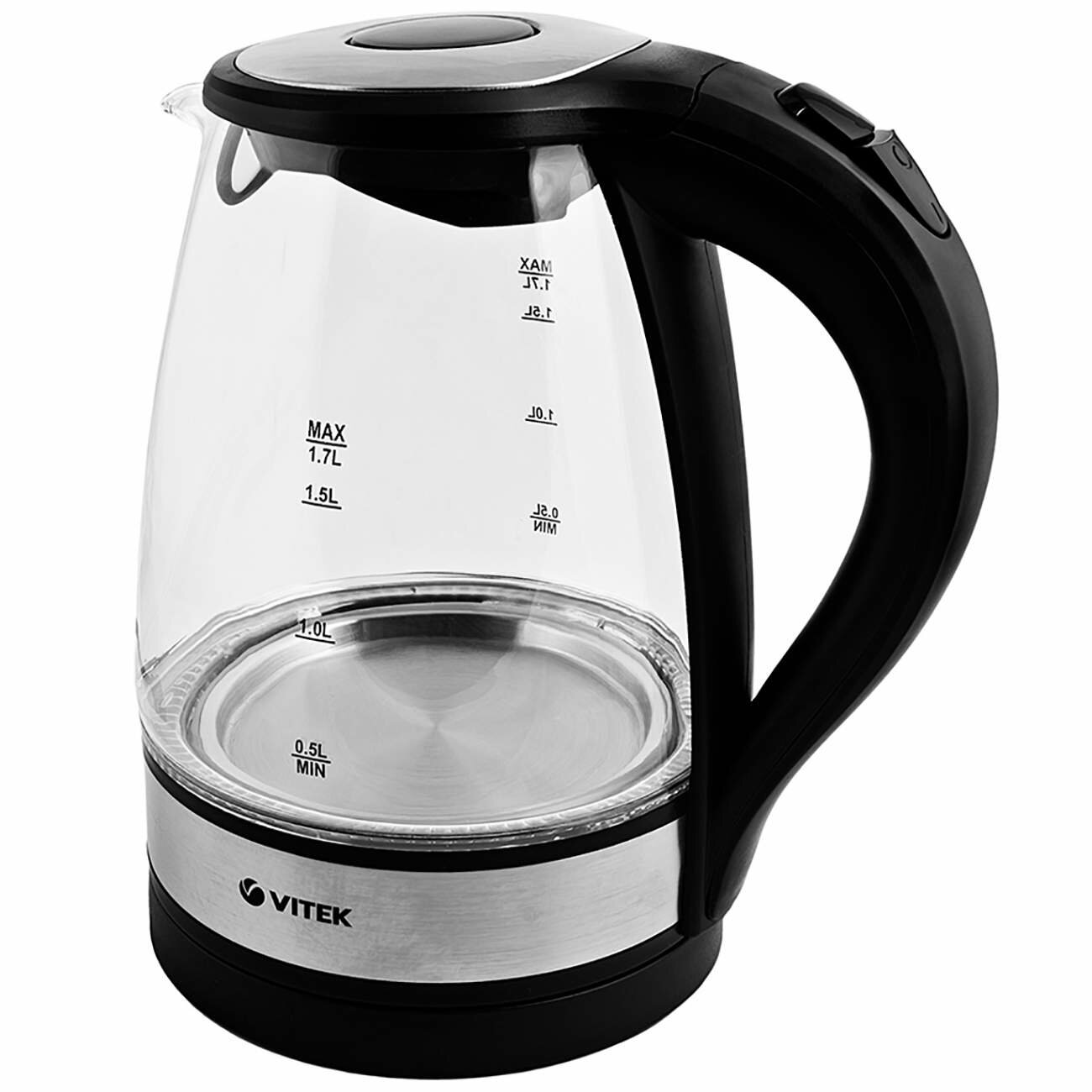 Чайник Vitek VT-7008, 2200Вт, 1,7л, пластиковый корпус, стекло, чёрный/серебристый