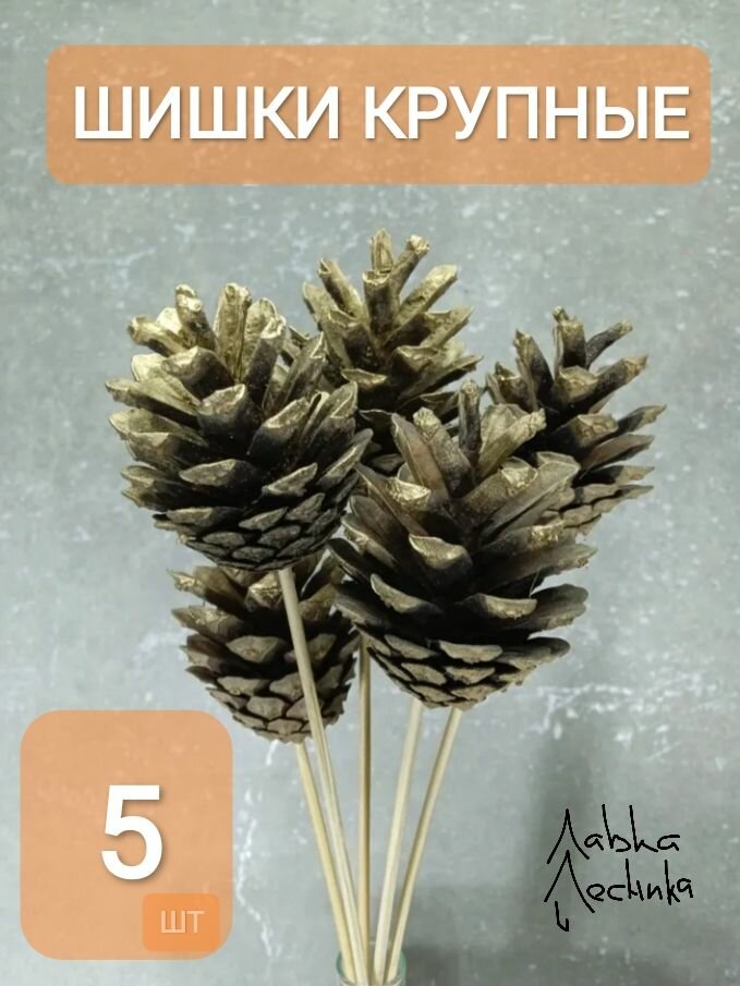 Украшение букета Шишки Сосна 5шт золотые на палочке. Новогоднее украшение букета