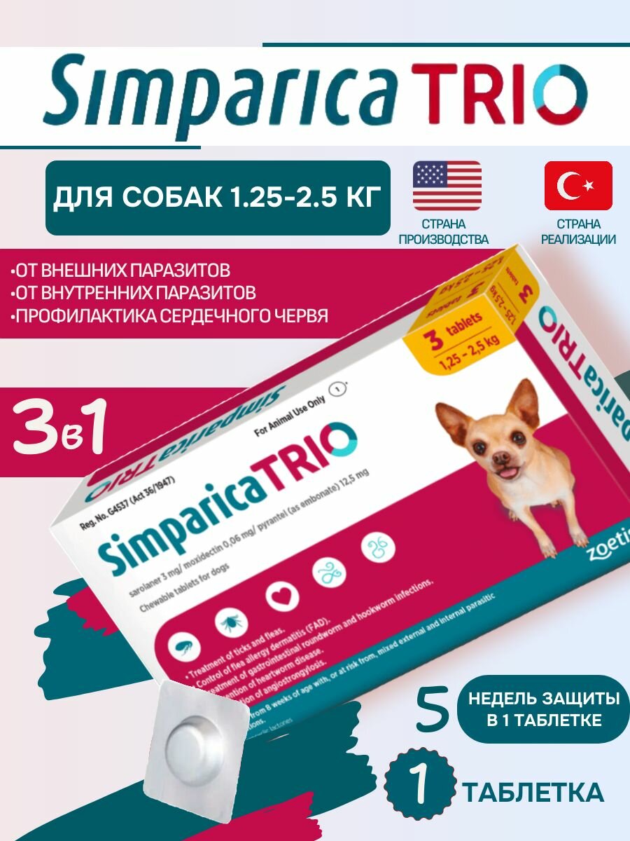 Симпарика трио (Simparica TRIO) для собак весом 1.25 - 2.5 кг от блох и клещей 1 таблетка