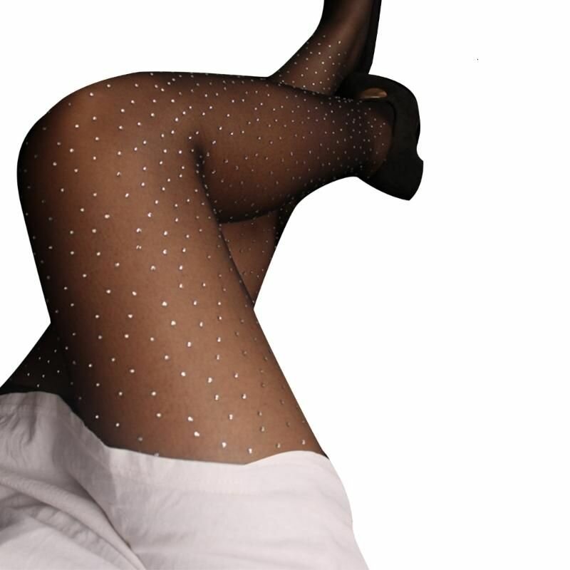 Чулки-комбинезон из шелка с защитой от крючков большого размера горячими бриллиантами и стразами-Черный + белые бриллианты