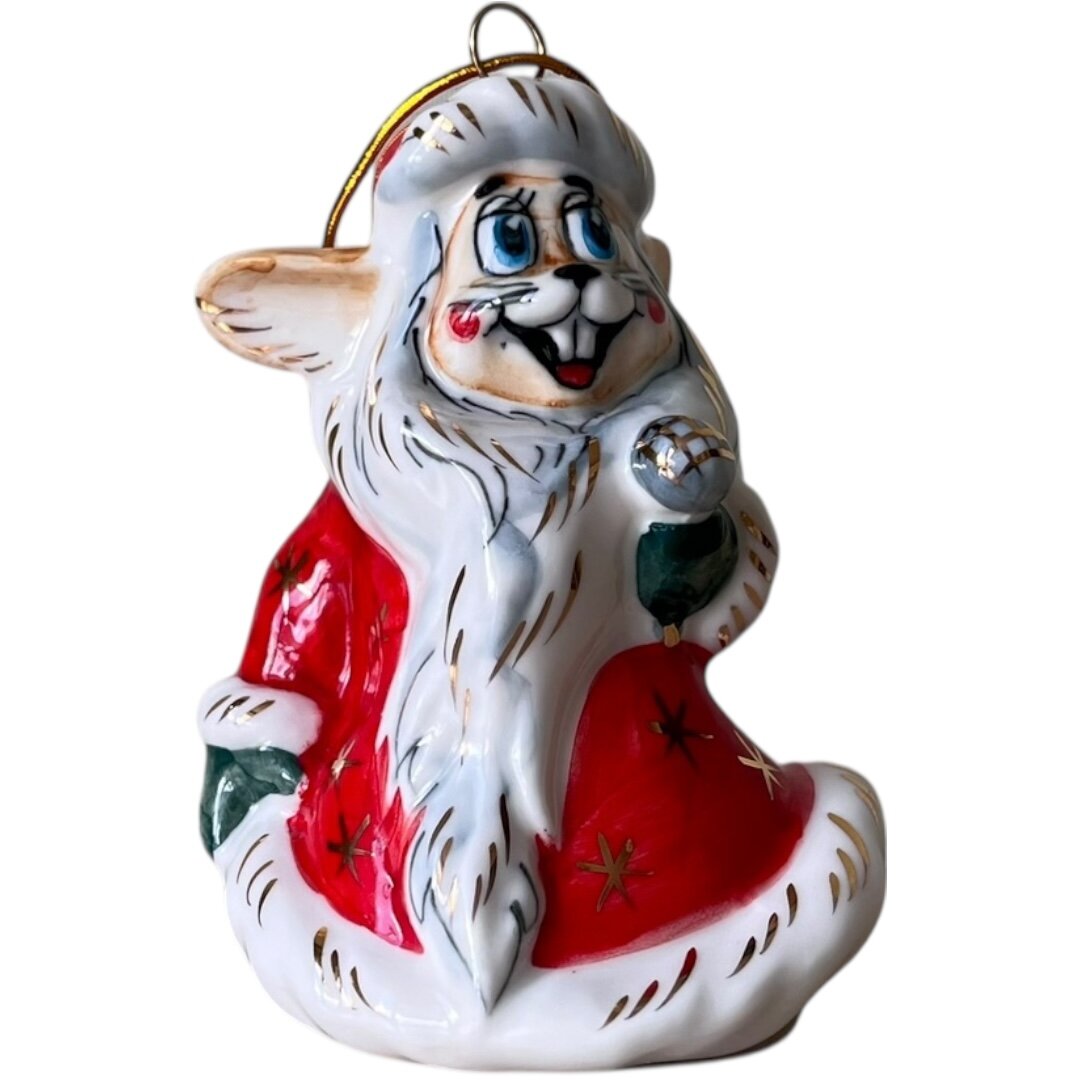 Елочная игрушка серии Ну, Погоди! "Заяц в шубе" с золотом. Лефортовский фарфоровый завод. Елочная игрушка из фарфора