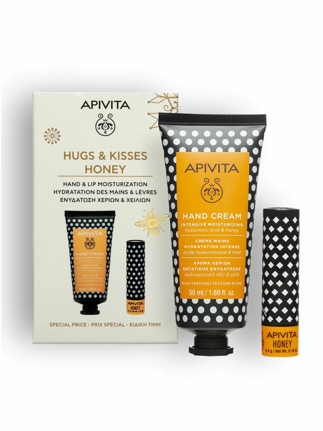 Апивита набор Увлажняющий крем для рук с Гиалуроновой кислотой, 50 мл + Увлажняющий Био уход для губ, 4,4 гр | APIVITA